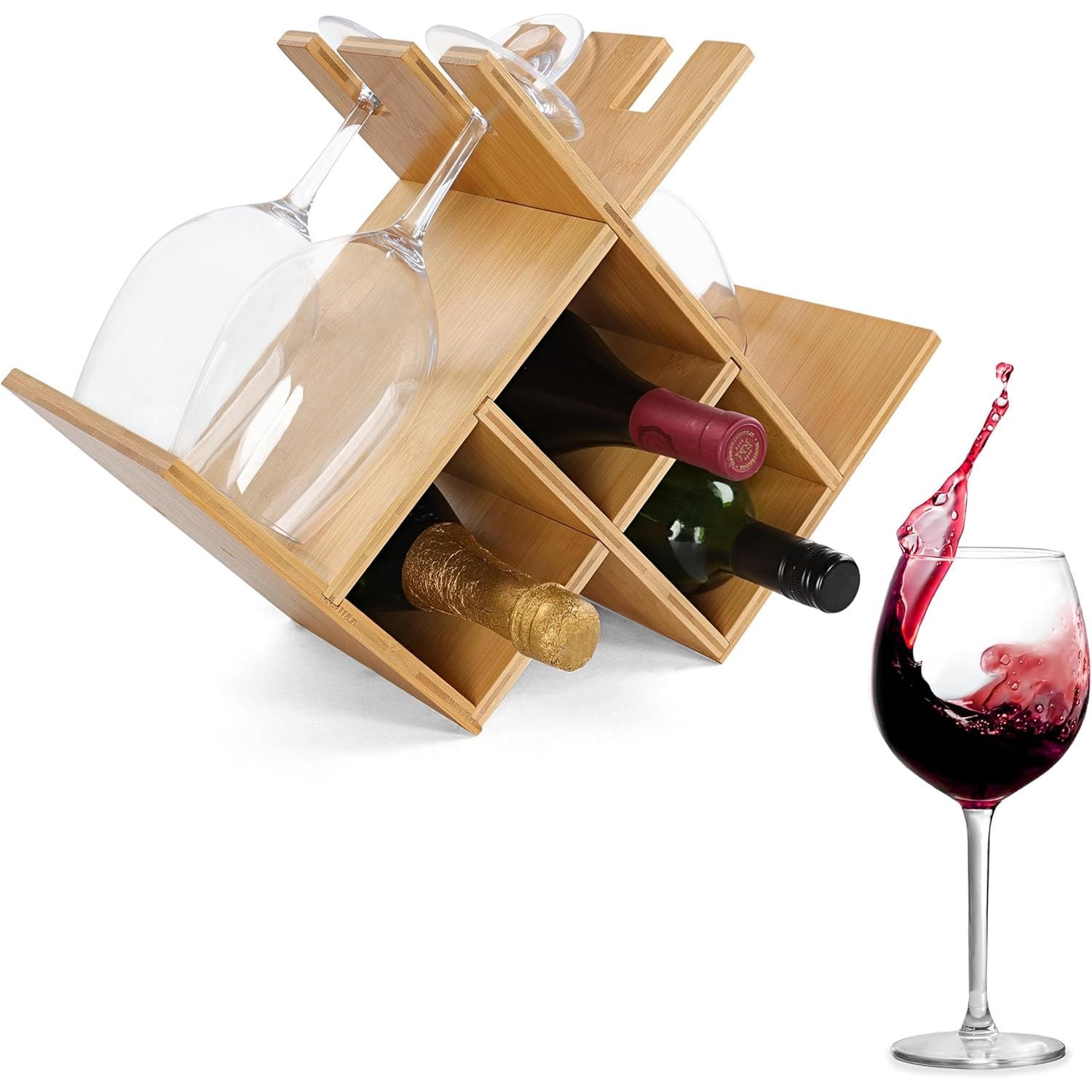 MXXF Countertop Wine Rack with Glass Holder - 3 Bottle Bamboo Wine ...