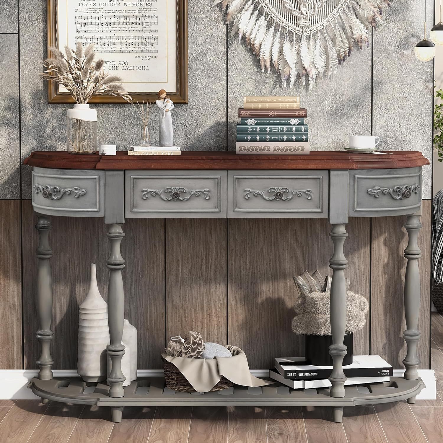 MXXF Retro Wood Curved Console Table 52-Inch Half Moon Hall Sofa Table ...