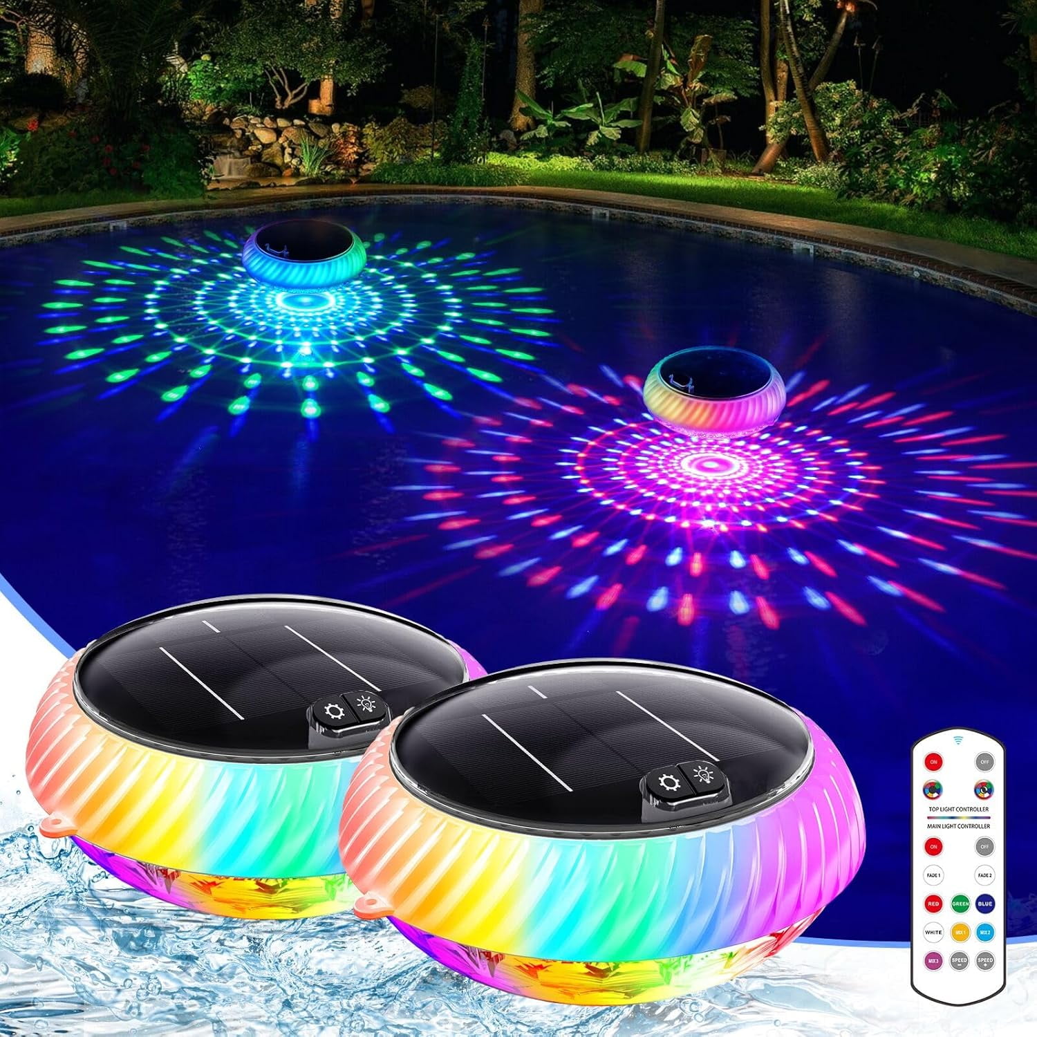 MY.Floating Pool Lights Solar with Remote, 7.6 Inch RGB Up and Down ...
