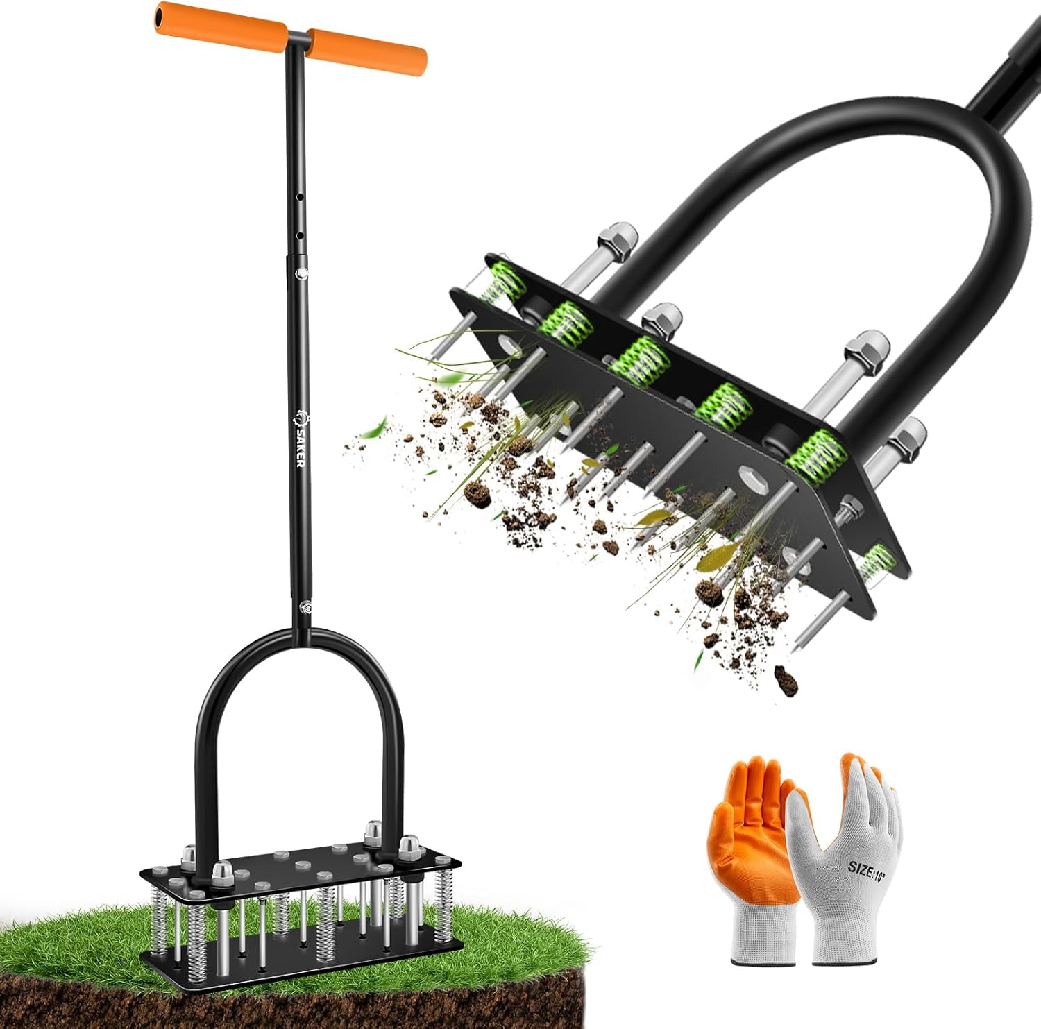 MY. Lawn Aerator Tool, Lawn Aerator with 15 Iron Spikes, Automatic Leaf ...