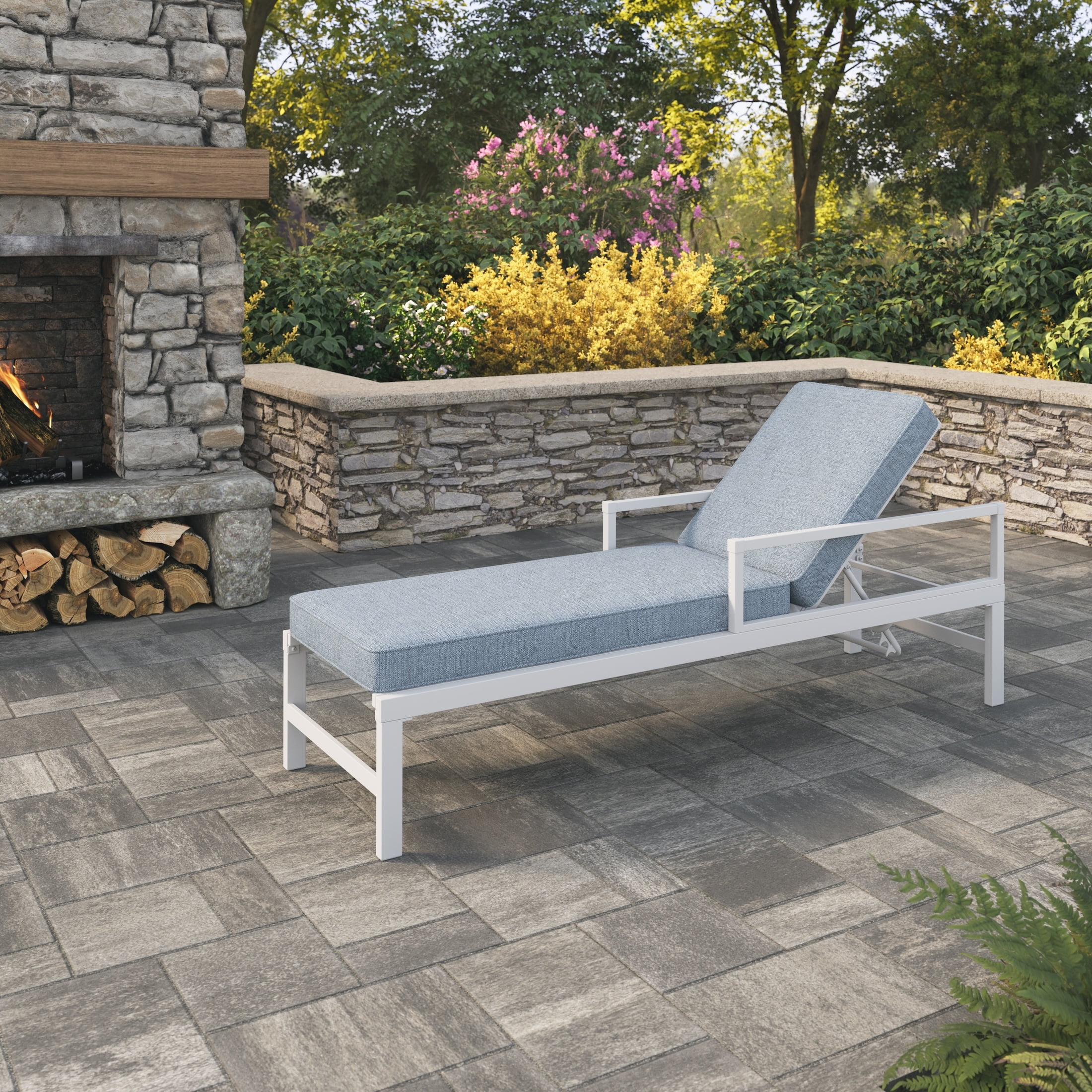 My Texas House Cambria Steel Outdoor Chaise Lounge, Blue Cushions with ...