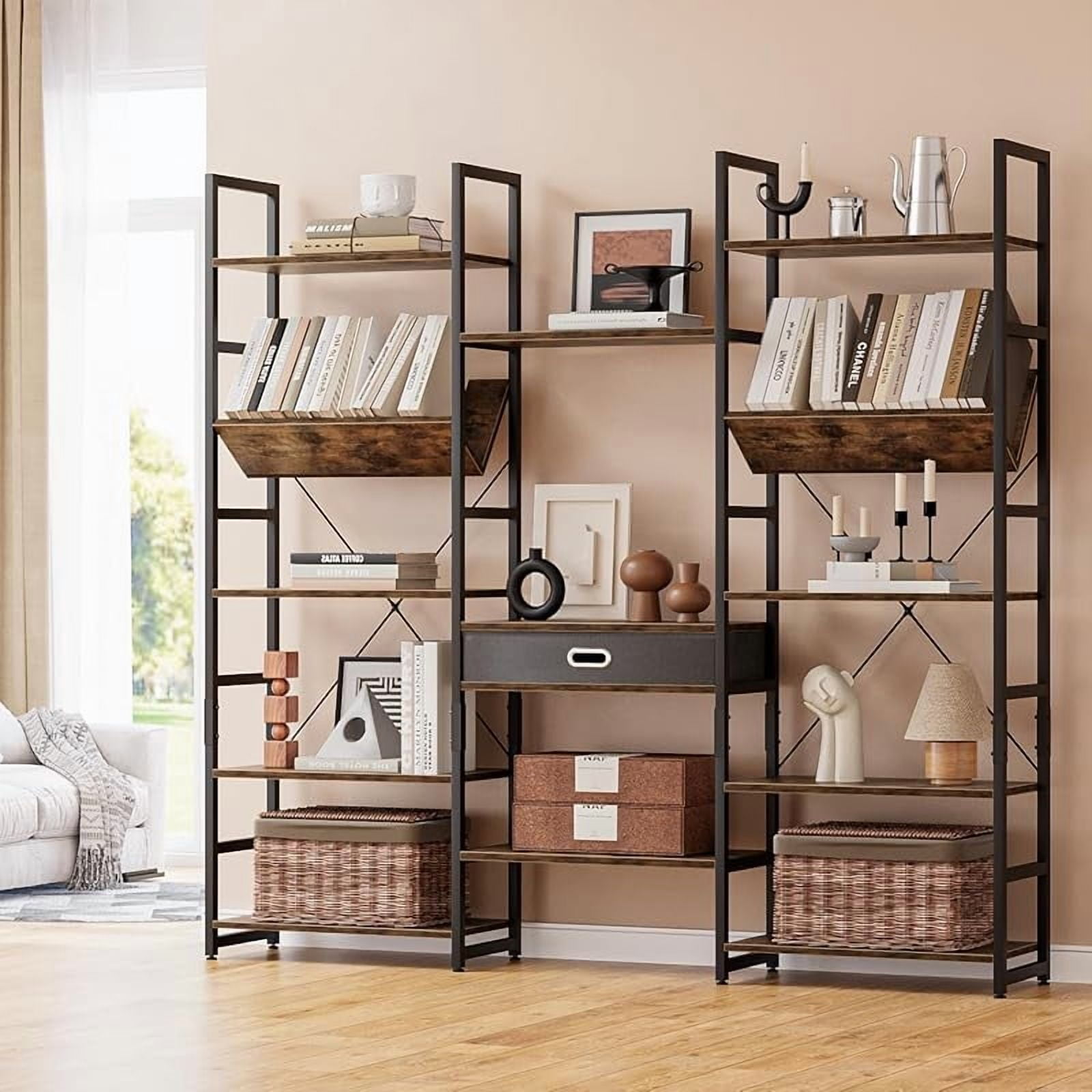 MY.Triple Column 5 Tier Bookshelf, Bookcase with 14 Open Display ...