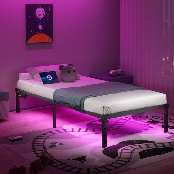 MY Twin Bed Frame with LED Lights & Charging Station - 14 Inch Heavy ...