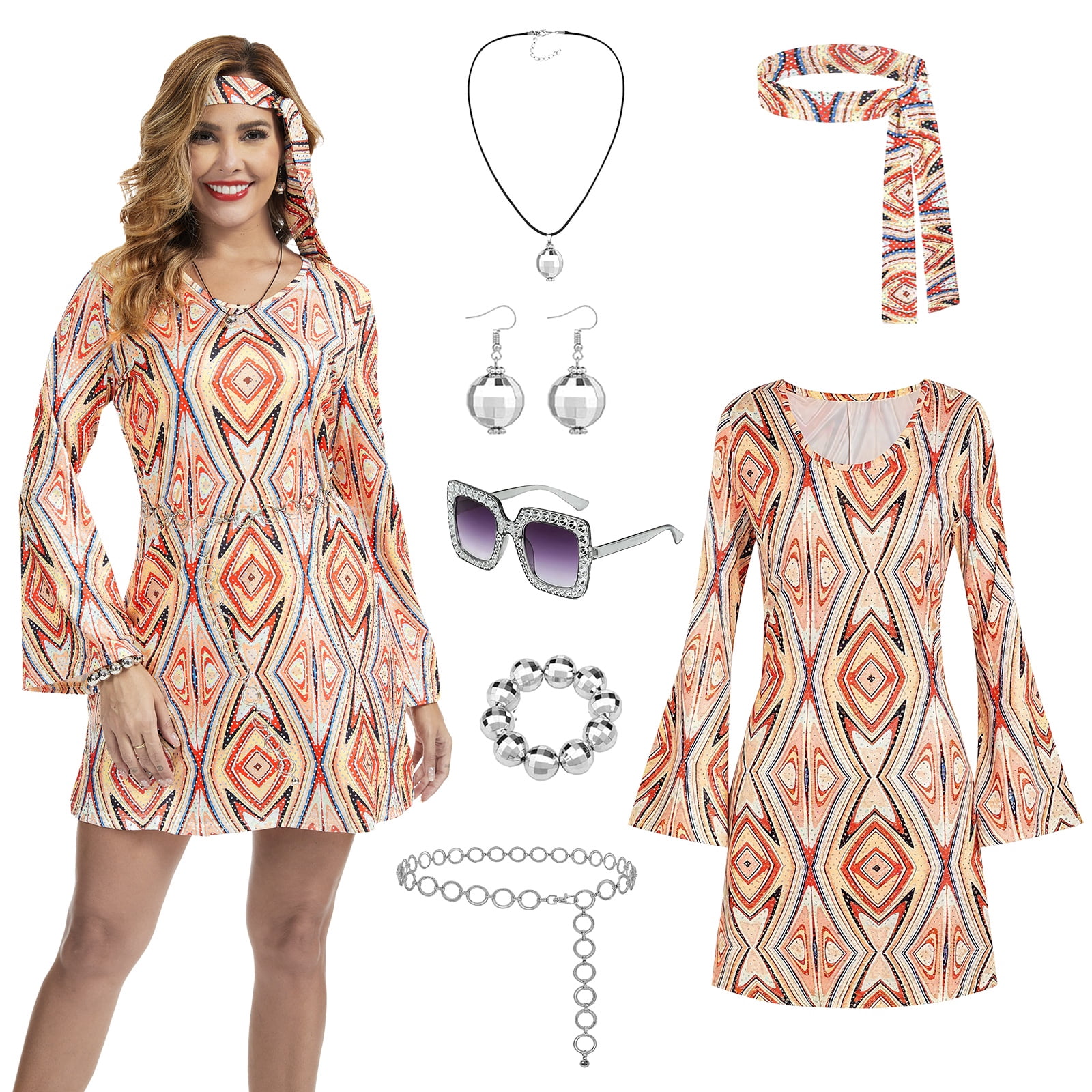 MYATED 70s Disco Outfit Hippie Costume Women,7 PCS 60s Disco Dress ...