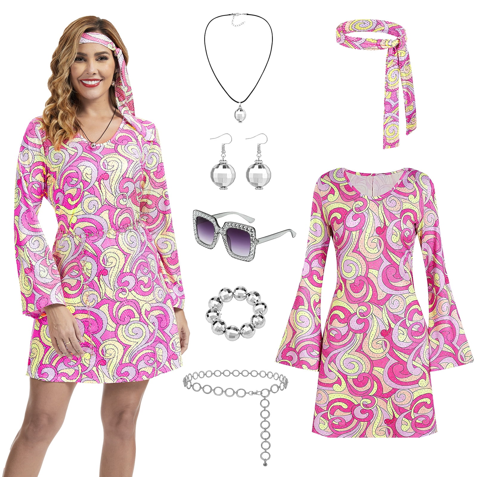 MYATED 70s Disco Outfit Hippie Costume Women,7 PCS 60s Disco Dress ...