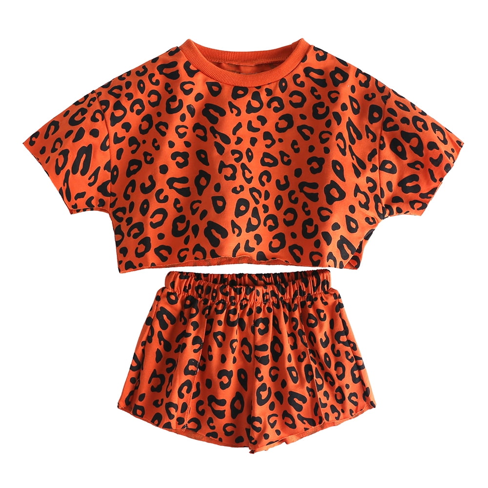 MYGBCPJS Girls Leopard Print Summer Outfits Set Short Sleeve Belly ...