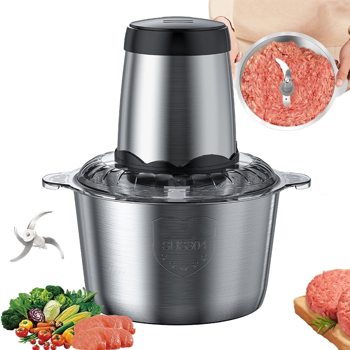 MYJTOPUS 2L Electric Food Chopper, 300W Meat Grinder with 4 Bi-Level Blades, Stainless Steel ...