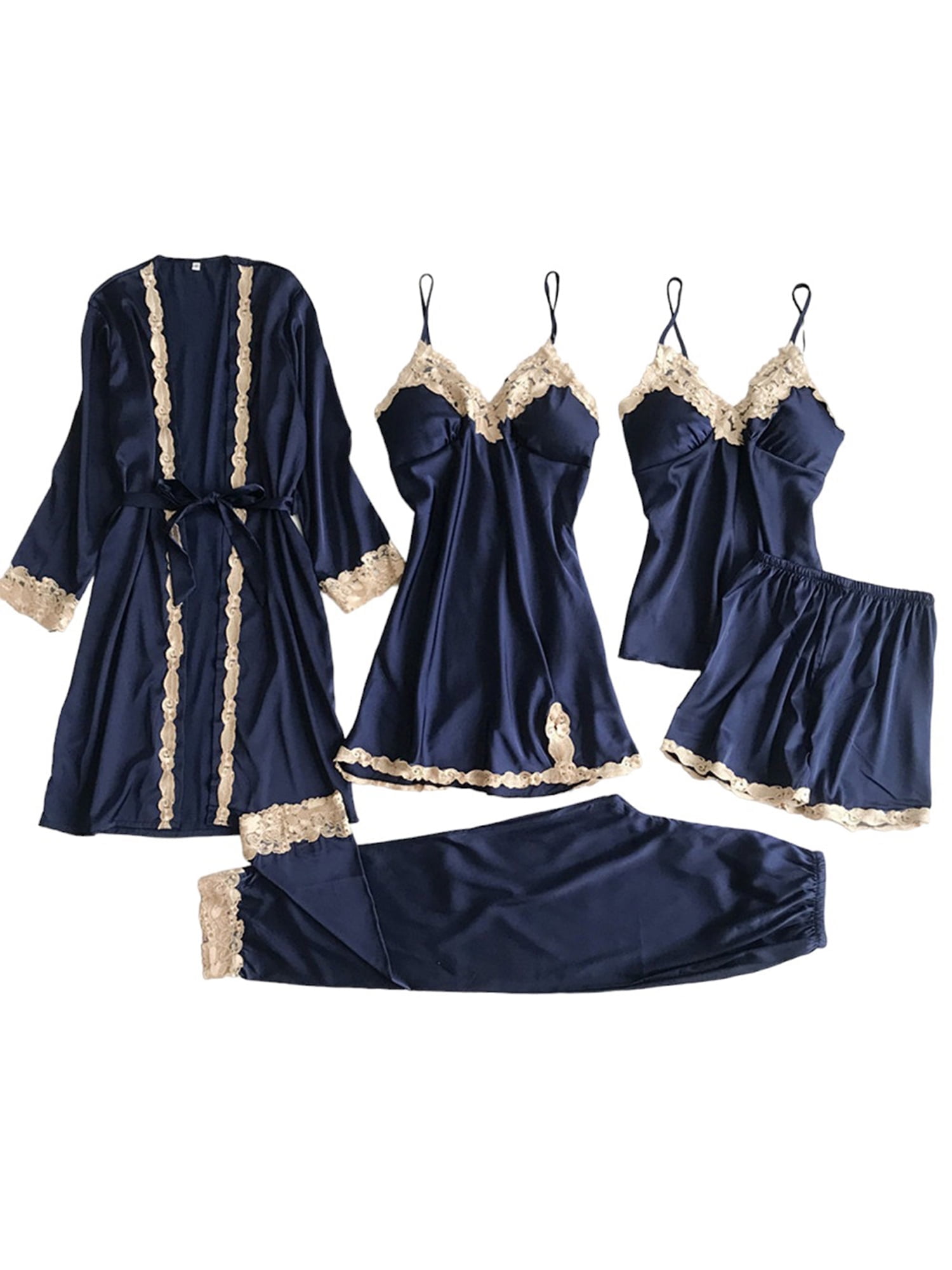 MYLookk Women Sexy Lingerie 5 Piece Pajamas Imitation Silk Satin ...