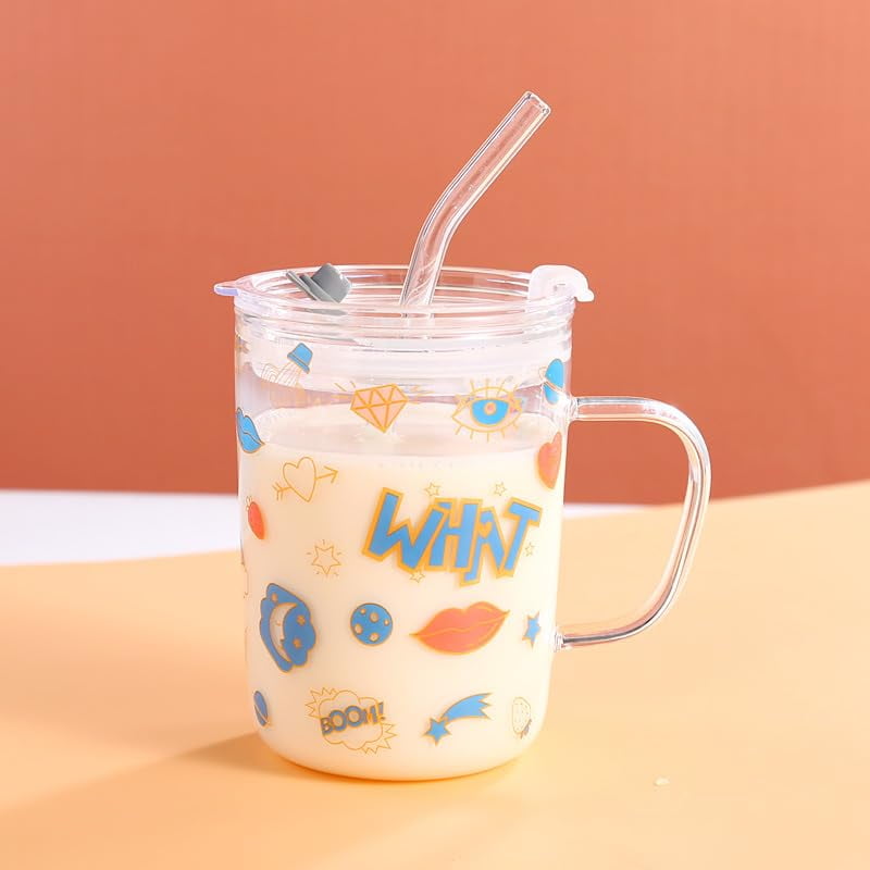 MYNA LIFE Random Design Glass Tumbler with Lid Straw and Handle 350ml ...