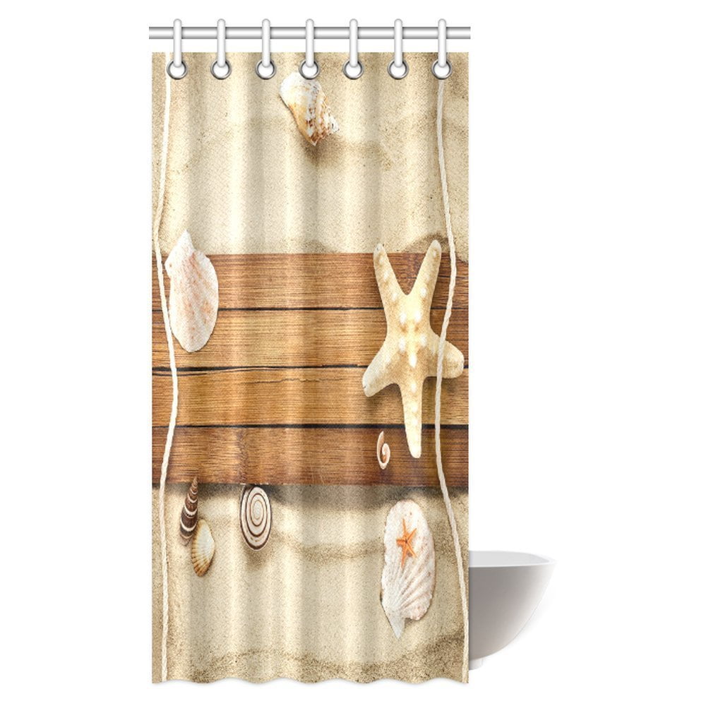 MYPOP Beach Seashells Decor Shower Curtain, Shells on Wooden Boards ...