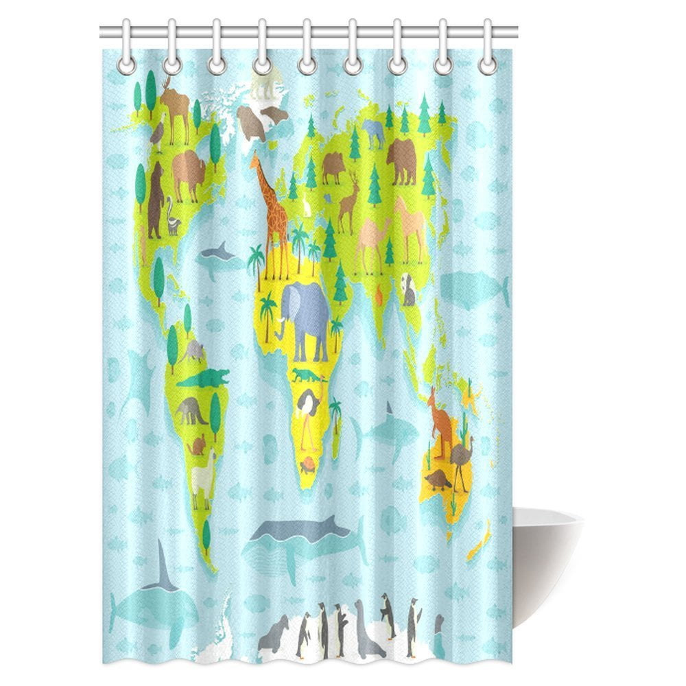 MYPOP Funny Shower Curtain Decor, Animal Map of the World for Children ...