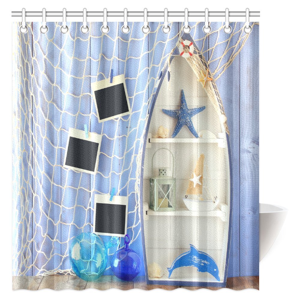 MYPOP Nautical Shower Curtain, Objects on Wooden with Vintage Boat Starfish Shell Fishing Net ...