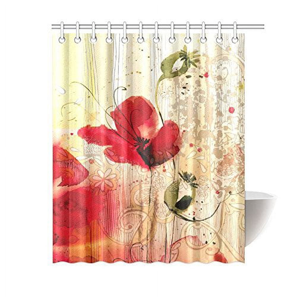 MYPOP Poppy Shower Curtain Set, Red Poppy Flower Beige Floral Fabric ...
