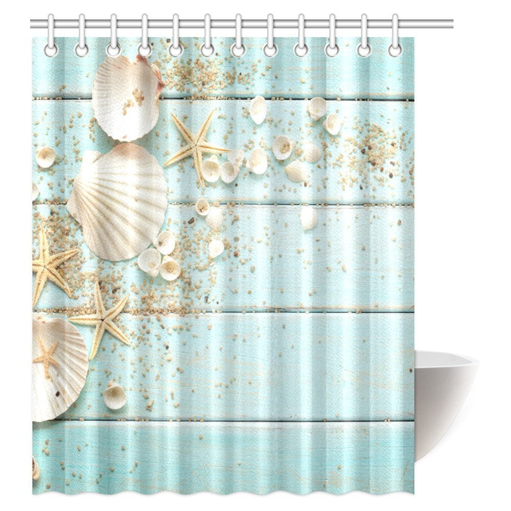 MYPOP Seashells Decor Shower Curtain, Seashells And Starfish With Sand ...