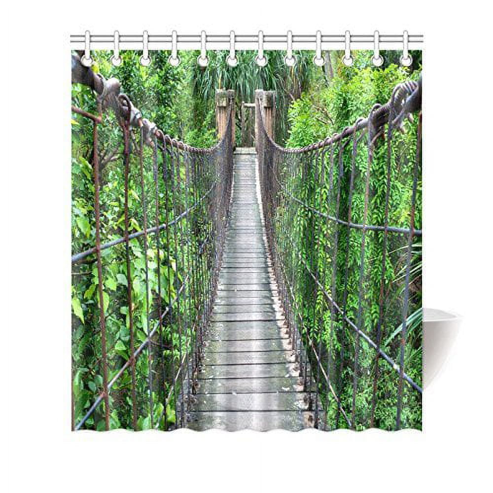 MYPOP Tropical Woods Decor Shower Curtains with Hooks, Chain Bridge Pedestrian Suspension Bridge ...