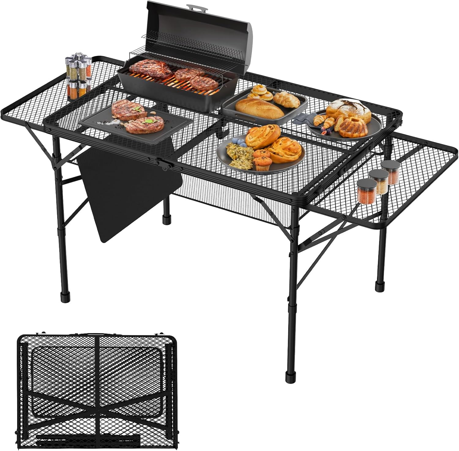 MYPOWR Folding Table with 2 Wing Panels, 3x2 FT Camping Table with Mesh ...