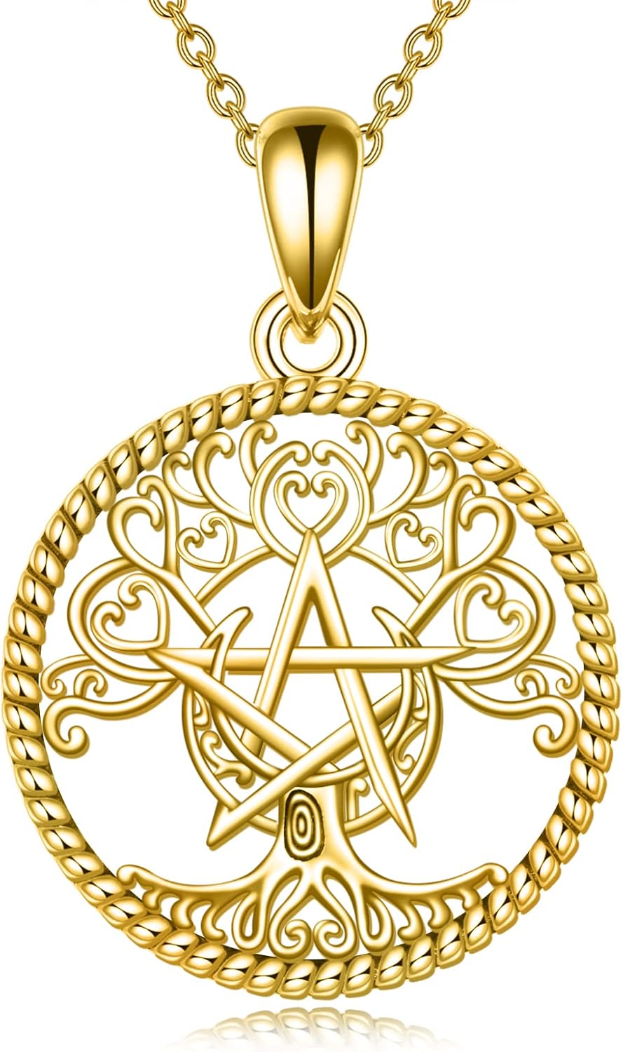 MYSTICPOEM 14K Gold Pentagram Pentacle Necklace Pentacle Triple Moon ...