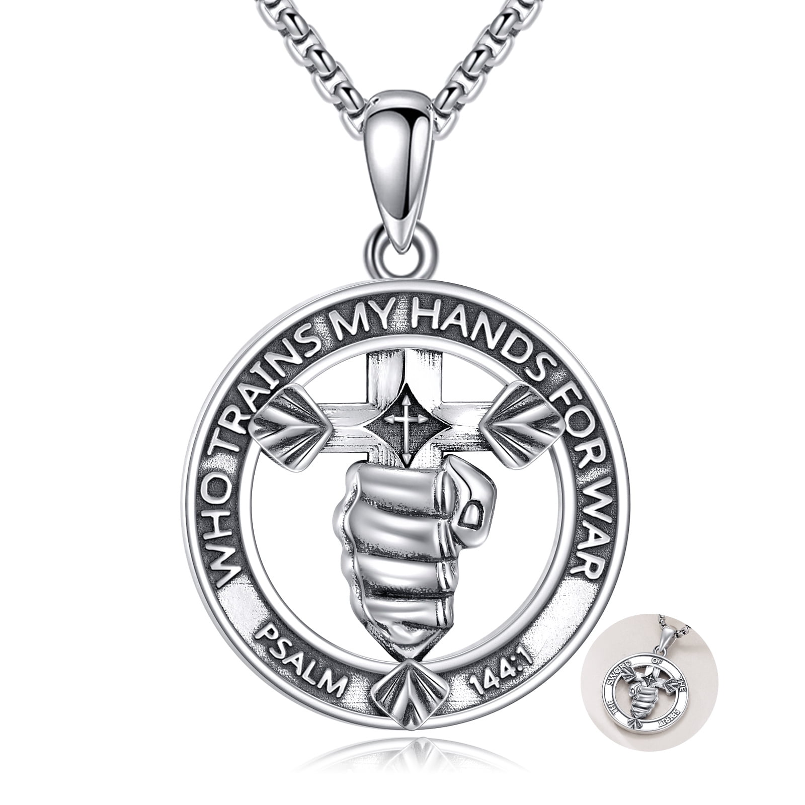 MYSTICPOEM Sword Cross Necklace Sterling Silver Psalm 144:1 Who Trains ...