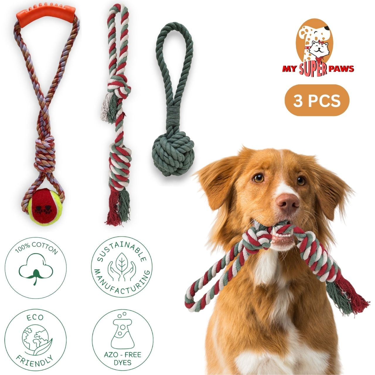 MYSUPERPAWS.COM Multipack Rope Ball Toys for Dog Natural Tug Tough Chew ...