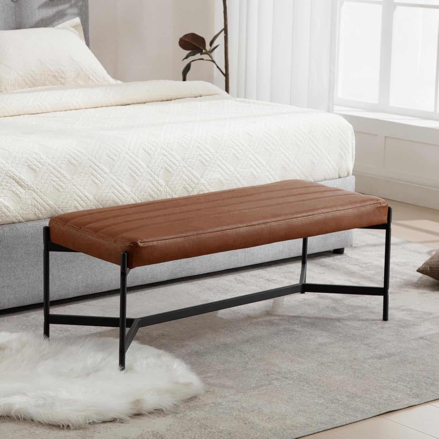 MYXIO 45” Leather Bench, Modern Upholstered Ottoman Bench with Metal ...