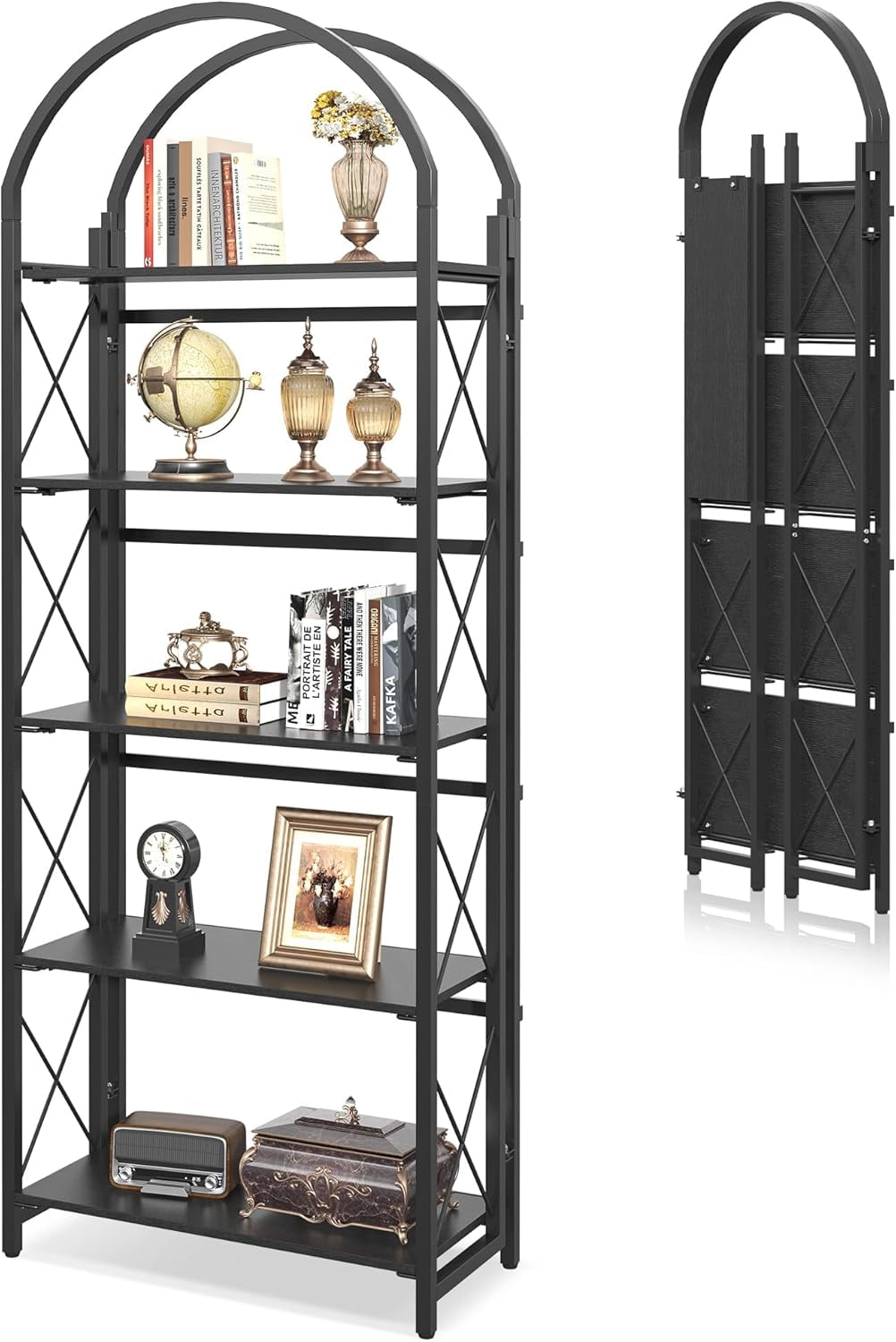 MYXIO 5-Tier Arched Folding Bookshelf with Storage Shelves, 71.3" Tall ...