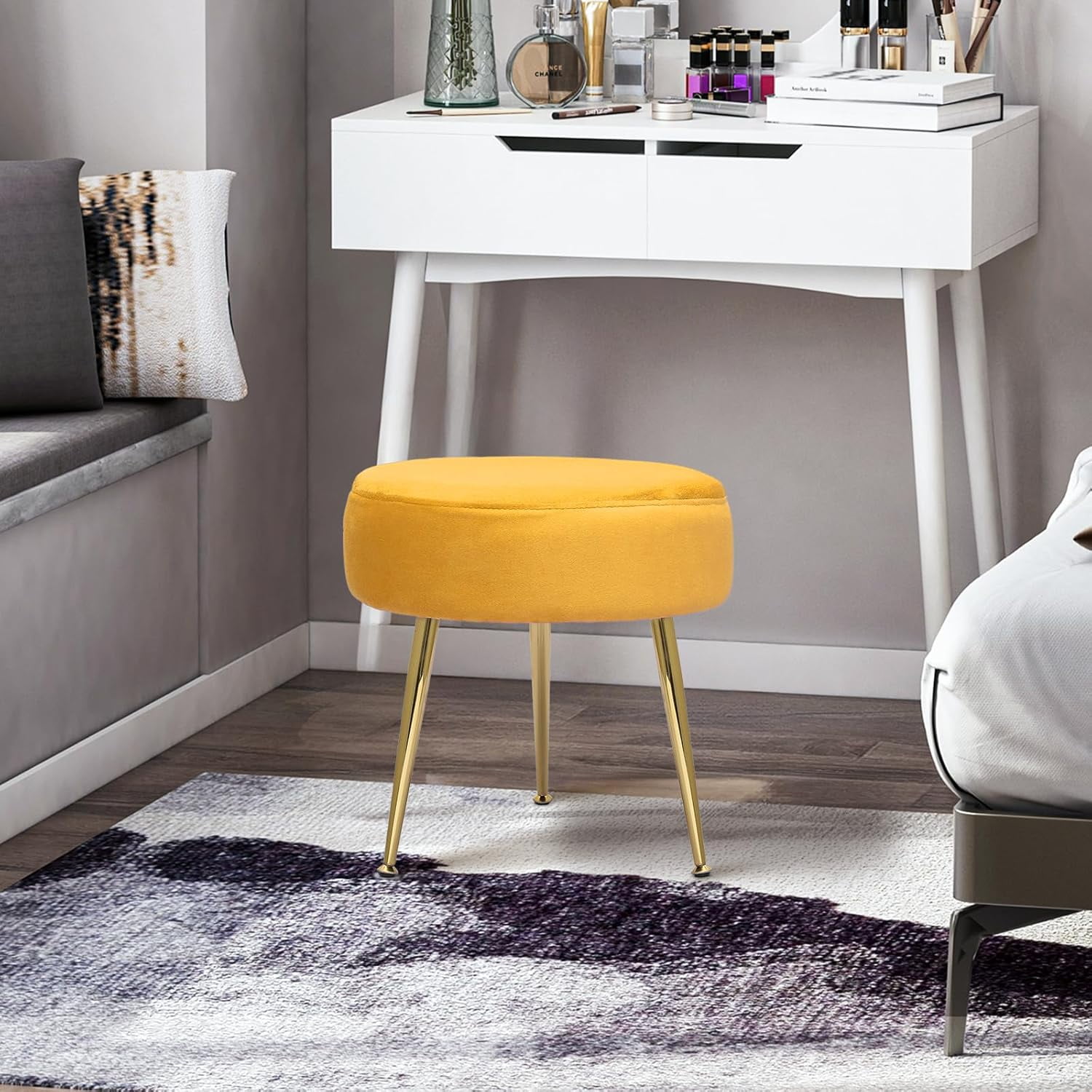 MYXIO Velvet Vanity Stool, Round Ottoman Vanity Chairs with Metal Leg ...