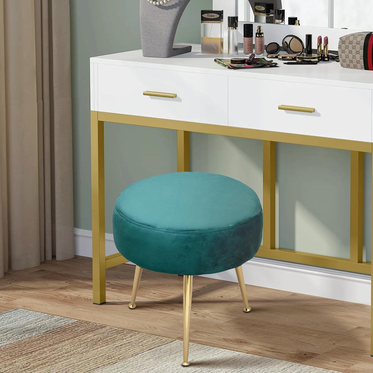 MYXIO Velvet Vanity Stool, Round Ottoman Vanity Chairs with Metal Leg ...
