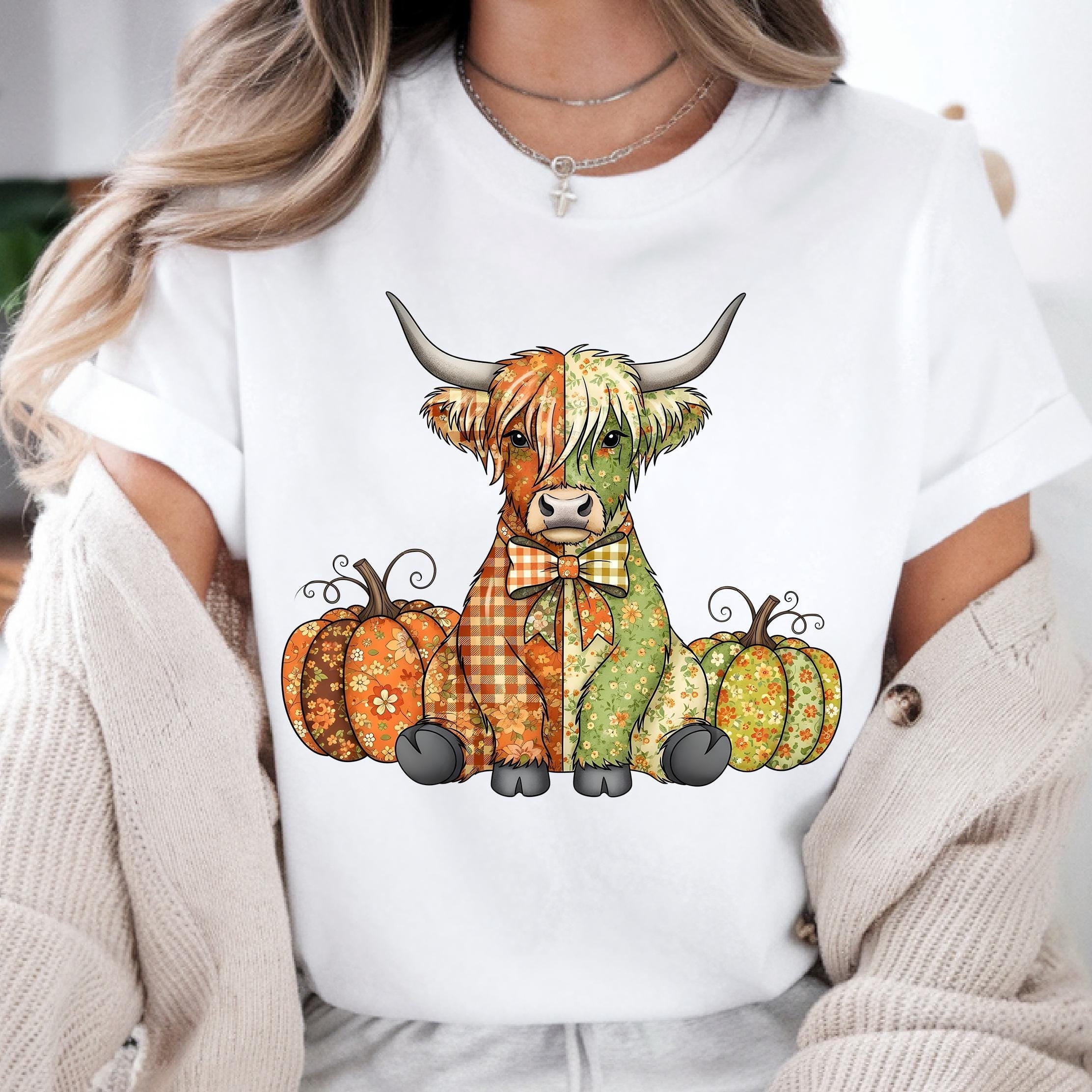 MYYUK Cozy Fall Patchwork Highland Cow T-Shirt, Funny Fall Cow Pumpkin ...