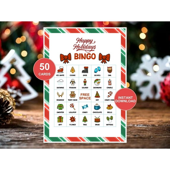 MYYUK Happy Holidays Bingo, 50 Printable Bingo Cards, Winter Holiday ...