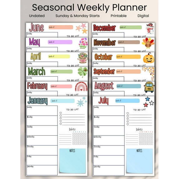 MYYUK Seasonal Weekly Planner | 12-Month Undated Digital Calendar ...