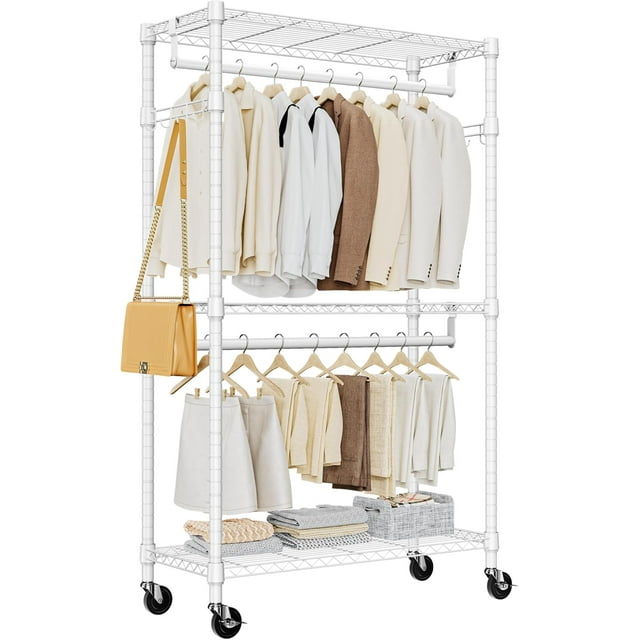 MZG Heavy Duty Rolling Garment Rack 3 Tiers Adjustable Wire Shelving ...