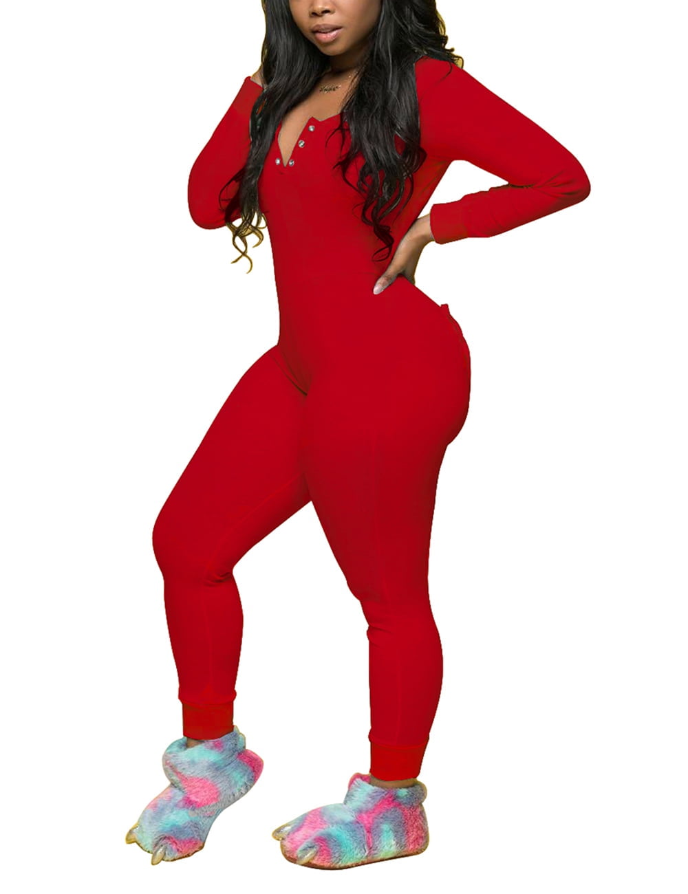 Ma&Baby Womens Butt Button Back Flap Jumpsuit Pajamas V Neck Long ...