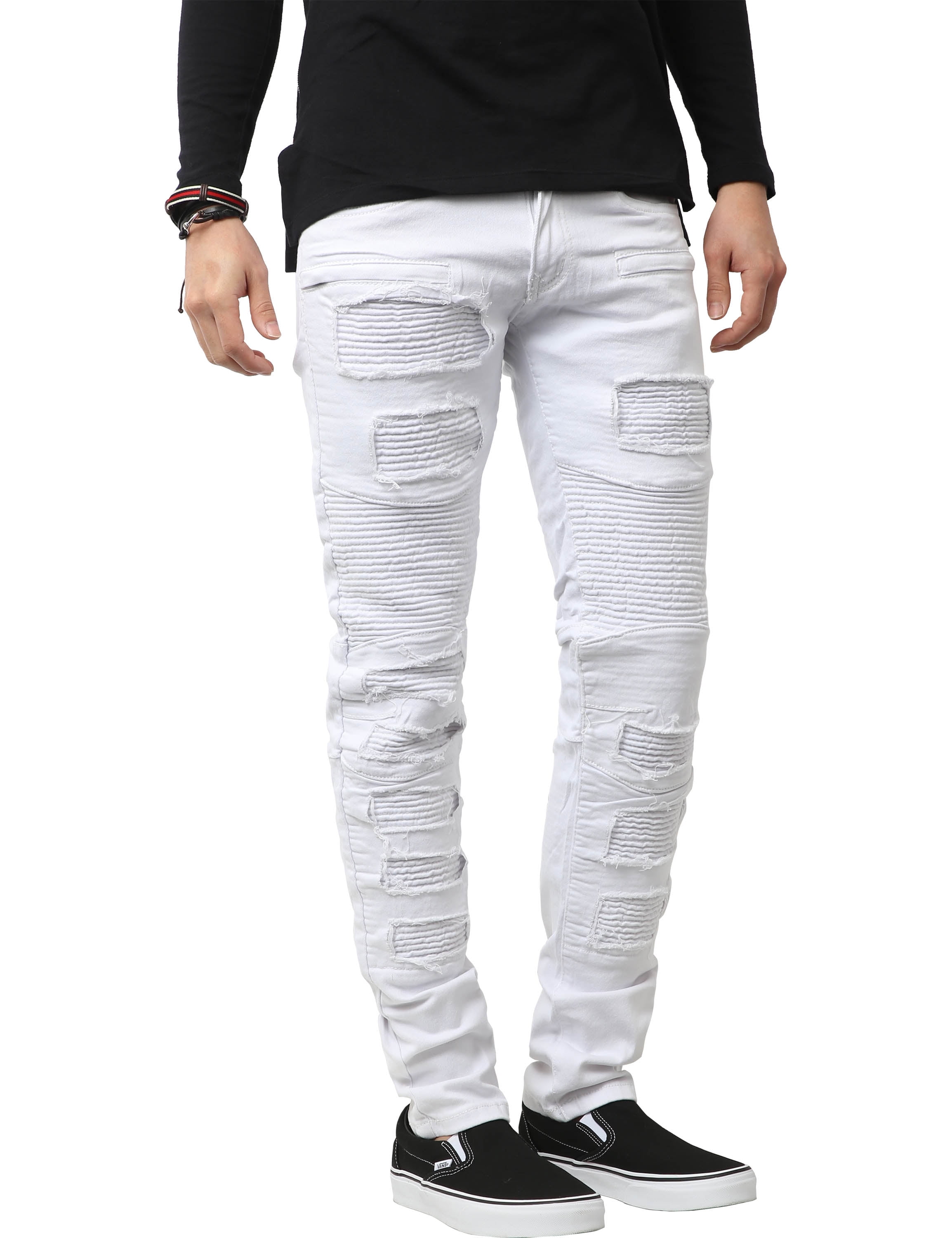 Ma Croix Mens Biker Jeans Slim Fit Distressed Ripped Zipper Stretch ...