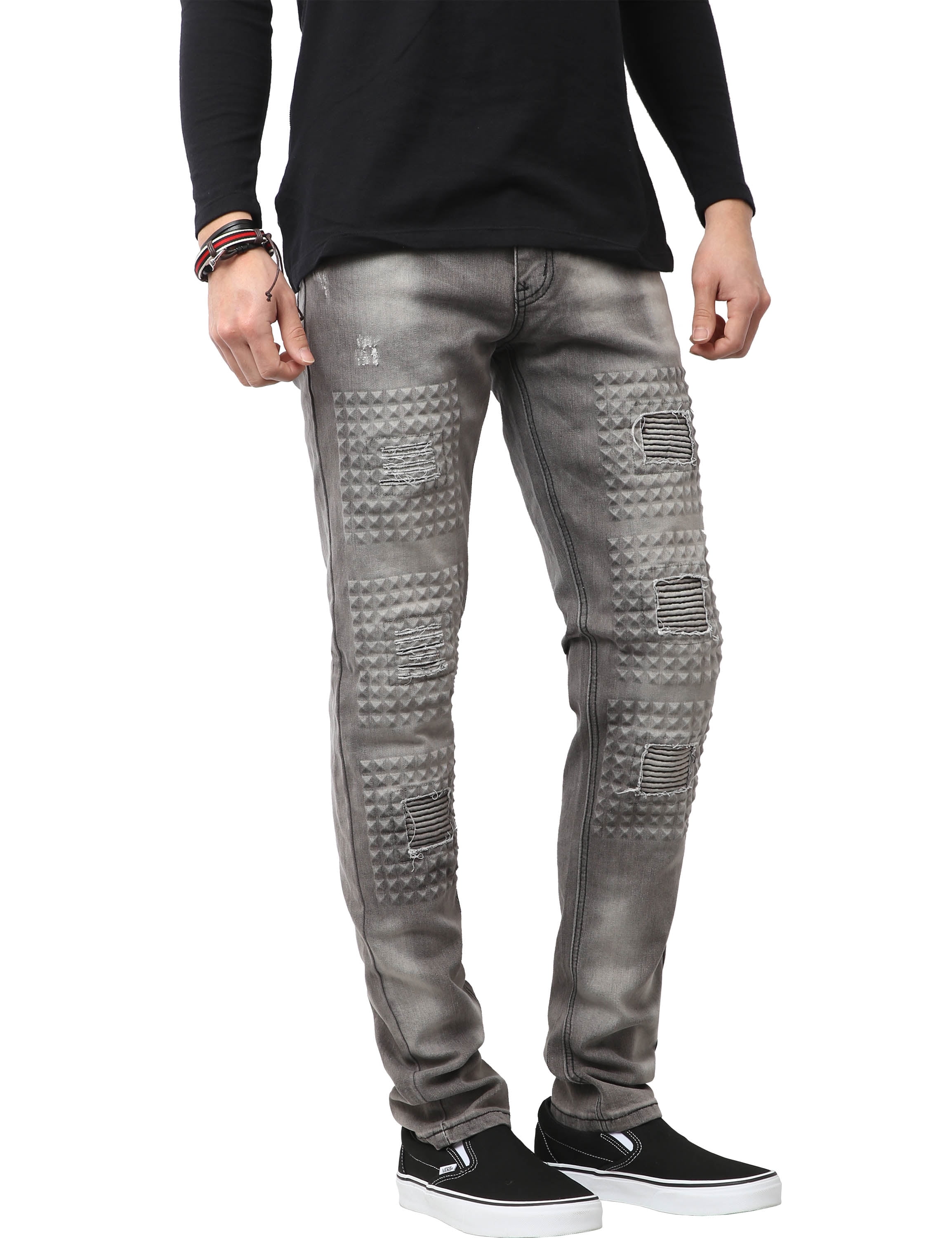 Ma Croix Mens Biker Jeans Slim Fit Distressed Ripped Zipper Stretch ...