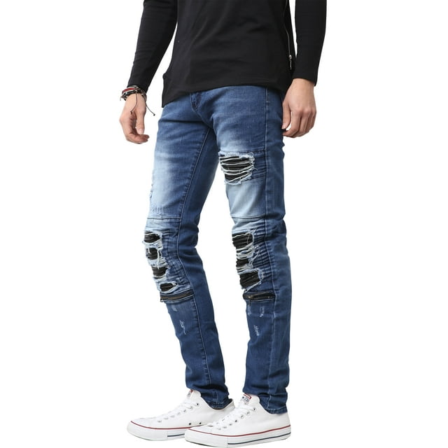 Ma Croix Mens Biker Jeans Distressed Ripped Zipper Straight Slim Fit ...