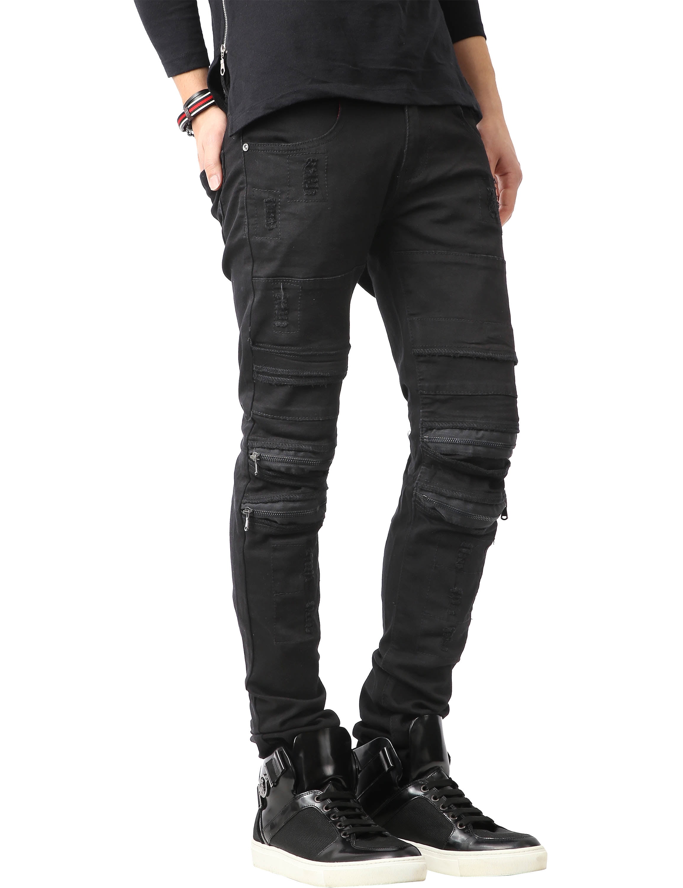 Ma Croix Mens Biker Jeans Distressed Ripped Zipper Straight Slim Fit ...