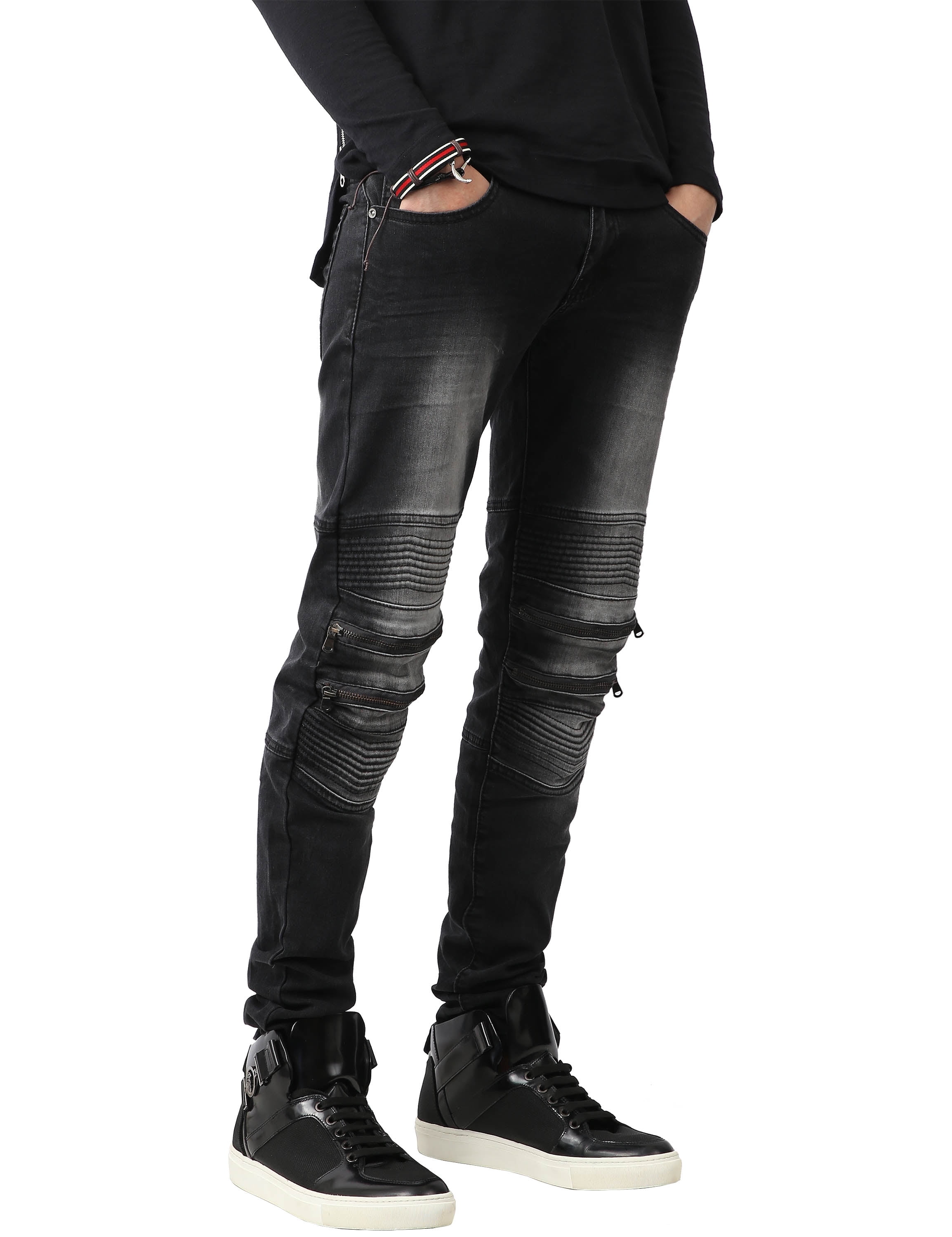 Ma Croix Mens Biker Jeans Distressed Ripped Zipper Straight Slim Fit ...