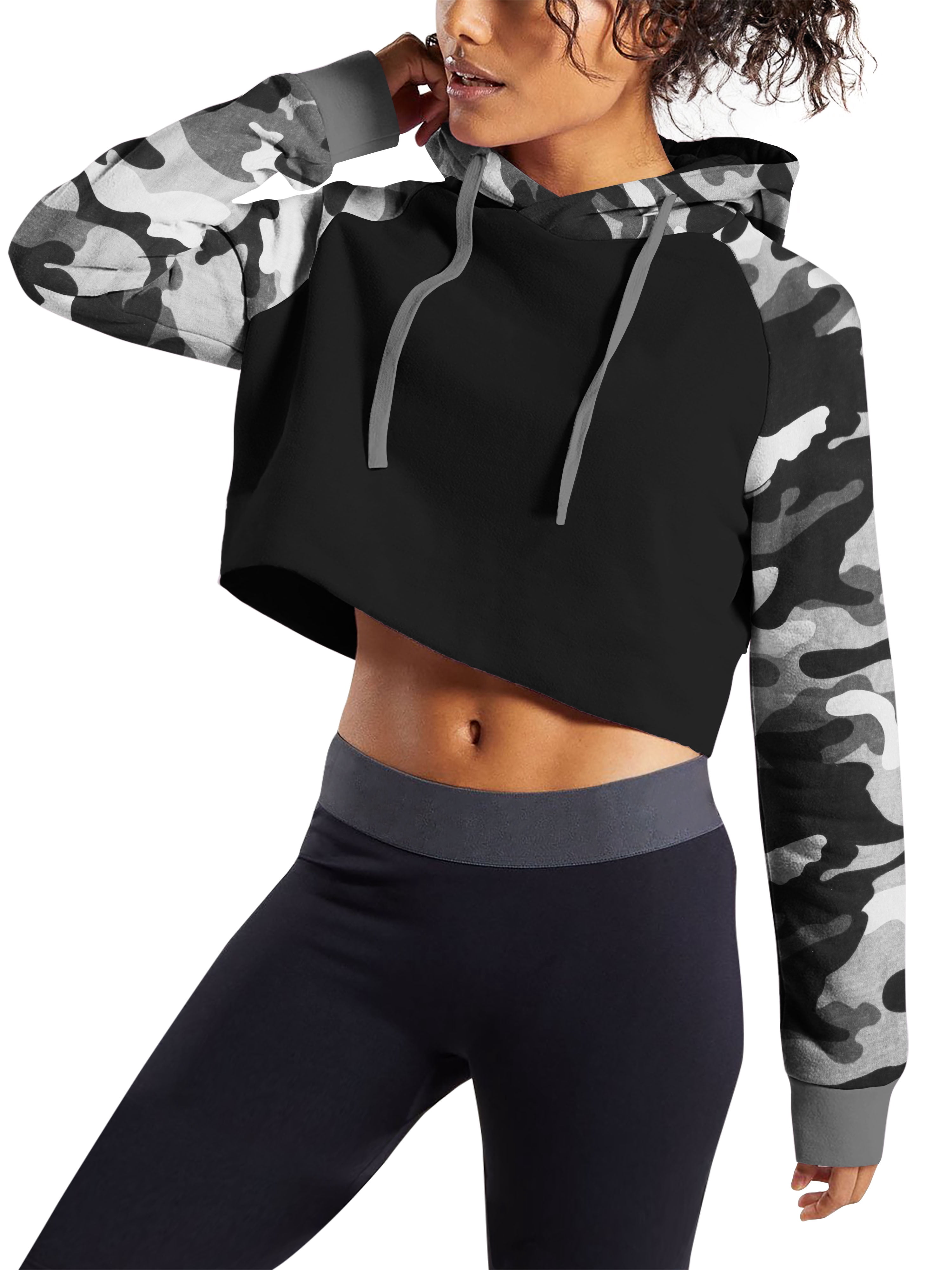 Ma Croix Womens Crop Top Hoodie Long Sleeve Casual Fleece Hooded ...