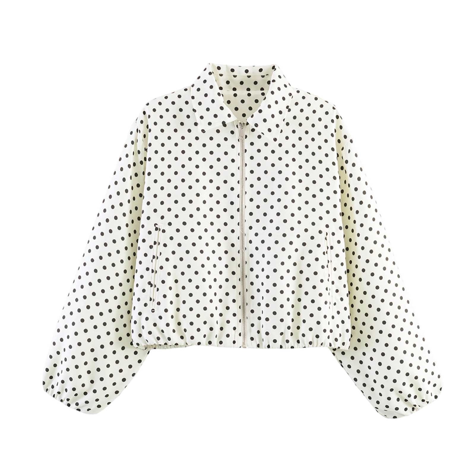 MaFYtyTPR Women Loose Casual Jacket Polka Dot Collared Zip Up Bubble ...