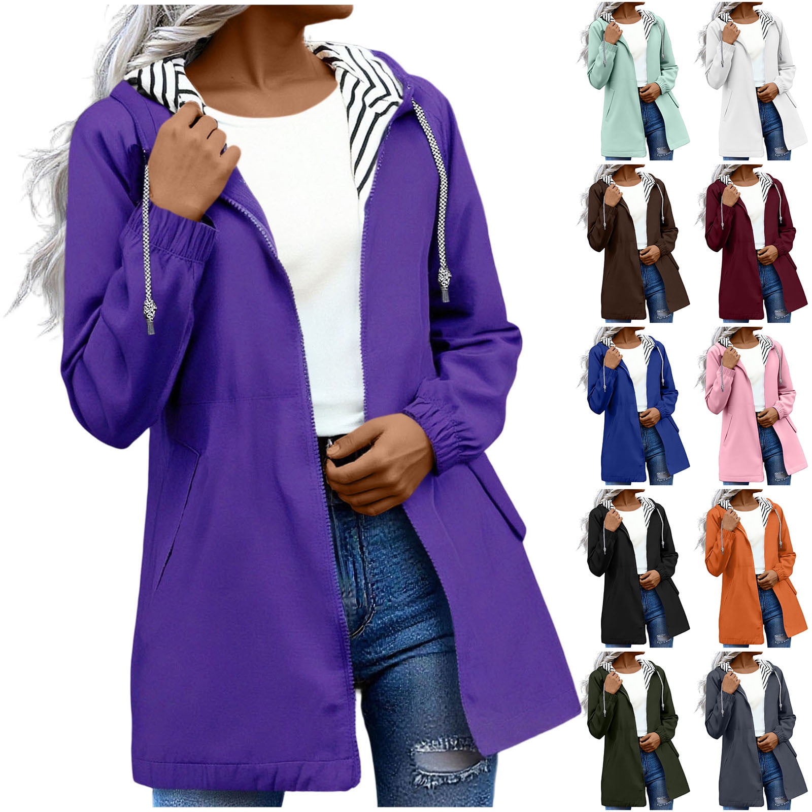 MaFYtyTPR Women Solid Color Rain Jacket Fashion Outdoor Hooded ...