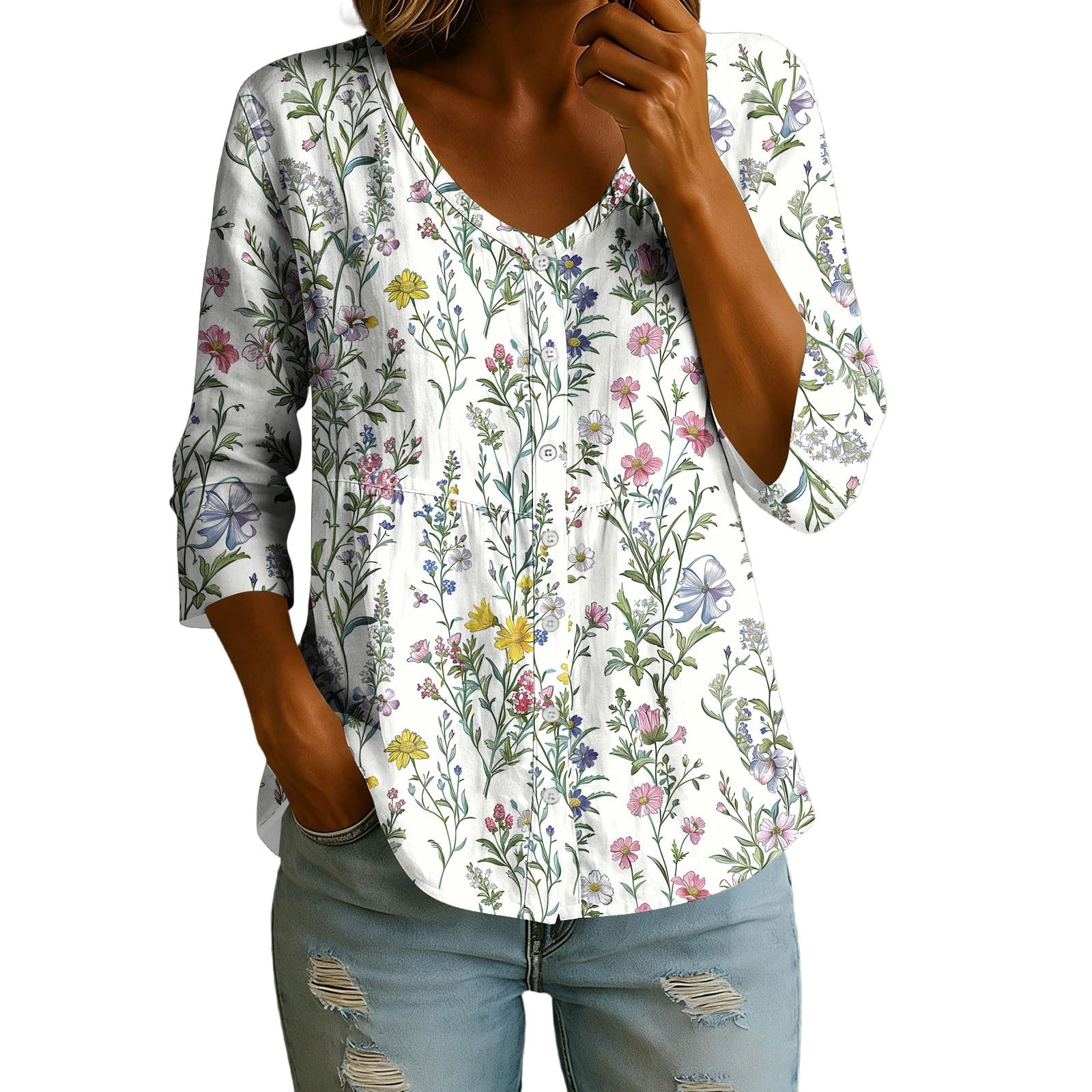 MaFYtyTPR Women's 3/4 Sleeve Casual Tops Spring Summer Fashion Floral ...