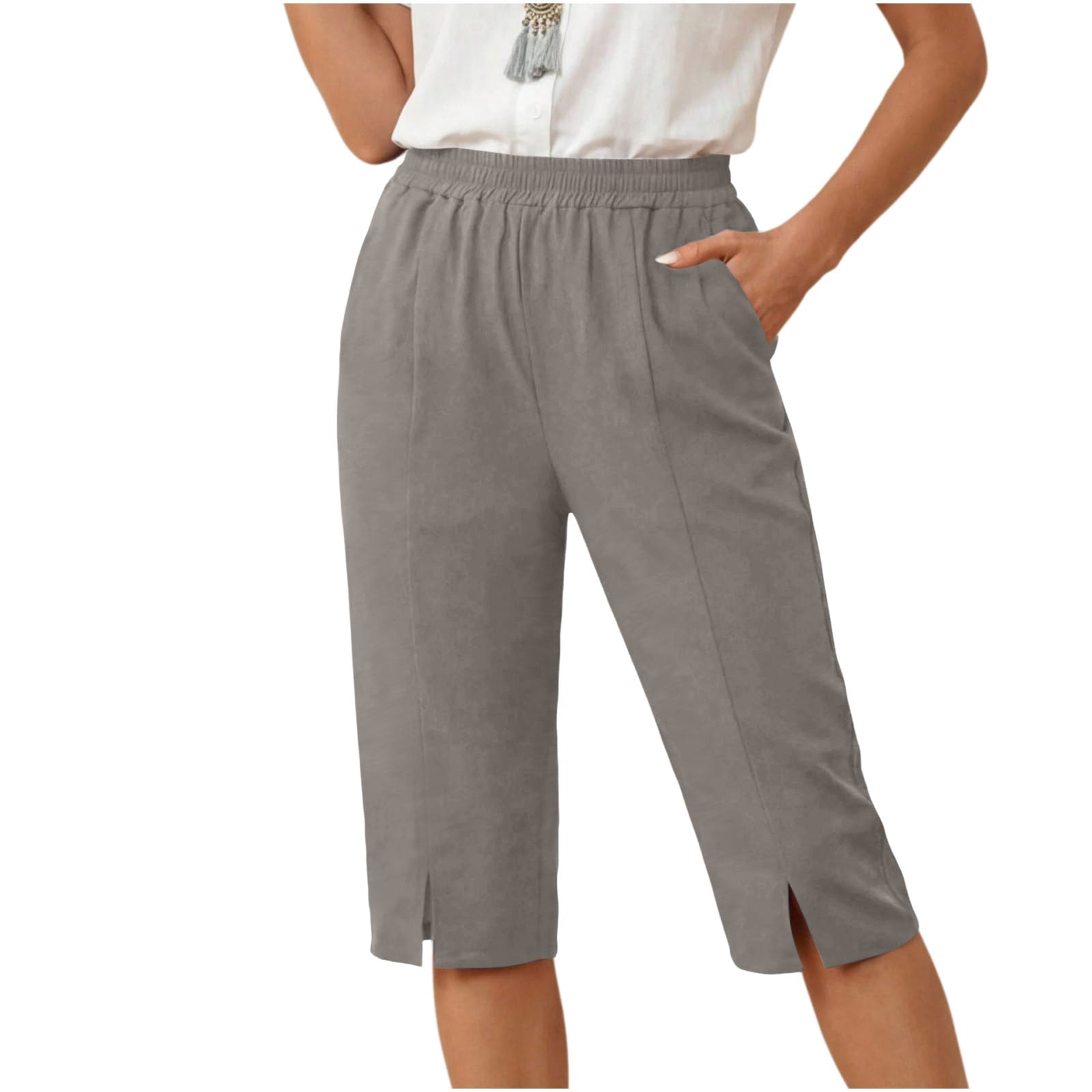 MaFYtyTPR Women's Elastic Waist Split Hem Capri Pants With Front Seam ...