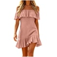 MaFYtyTPR Women's Off The Shoulder Mini Dress Solid Color Ruffle Trim ...