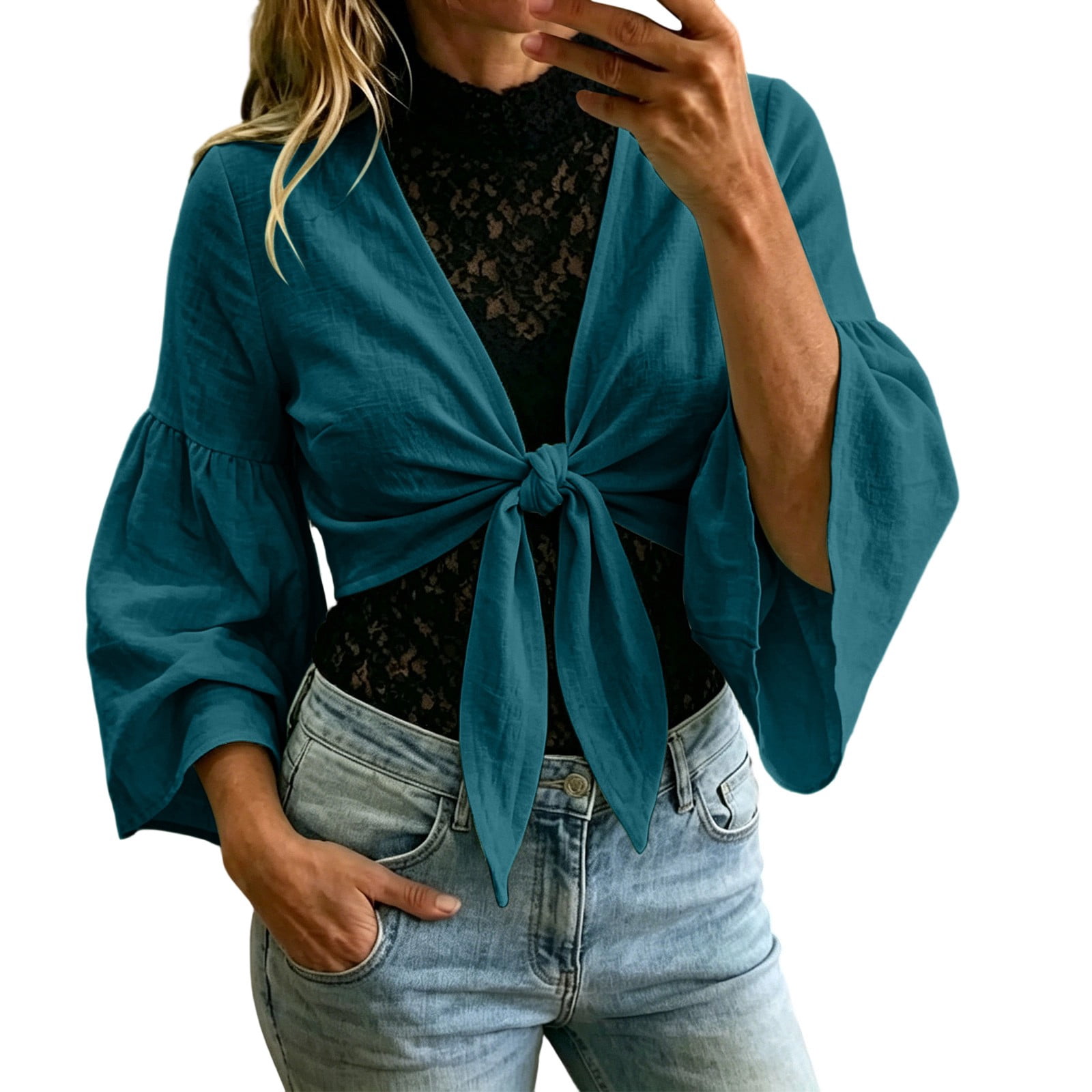 MaFYtyTPR Women's Short Cardigan Tops Flared Solid Color Long Sleeve ...