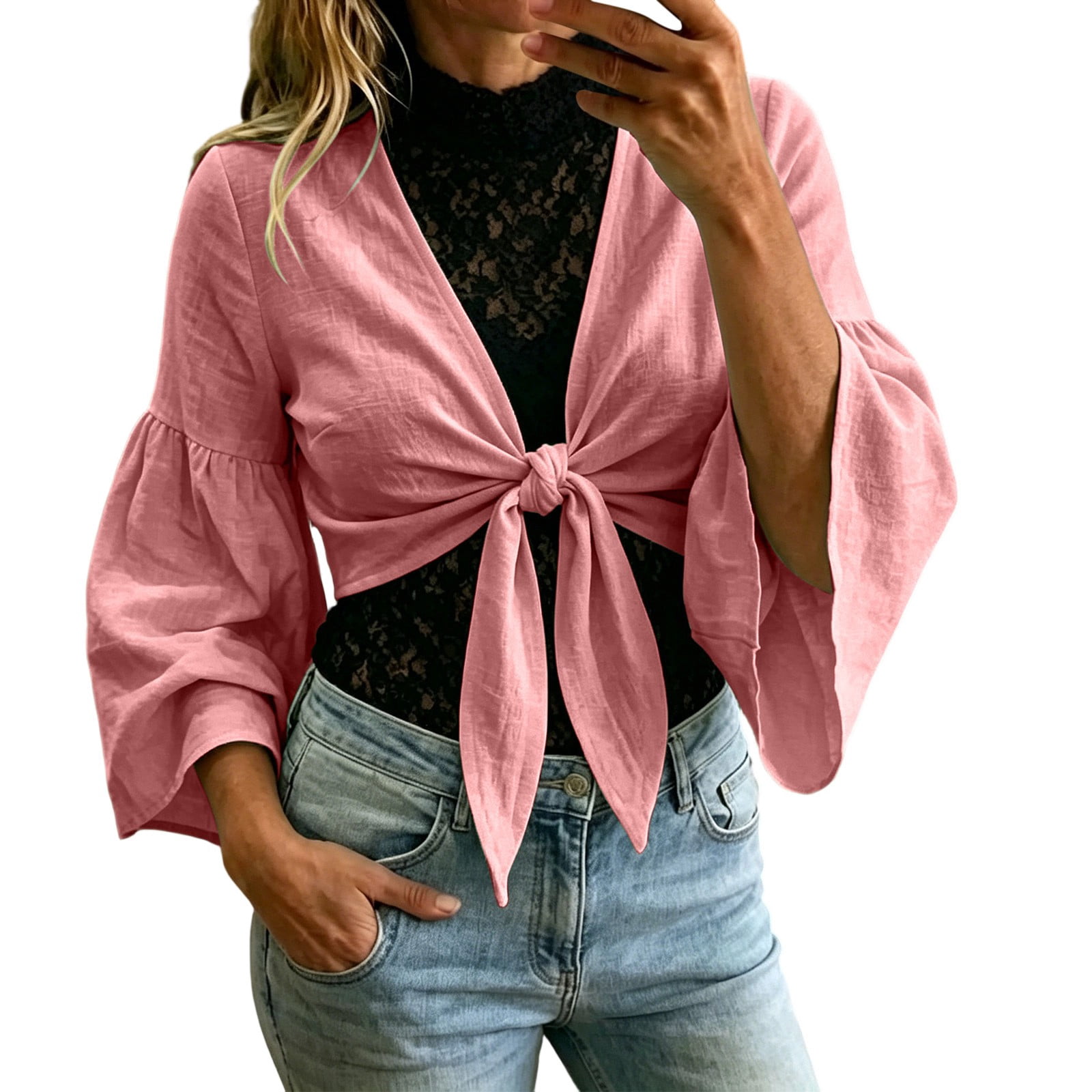 MaFYtyTPR Women's Short Cardigan Tops Flared Solid Color Long Sleeve ...