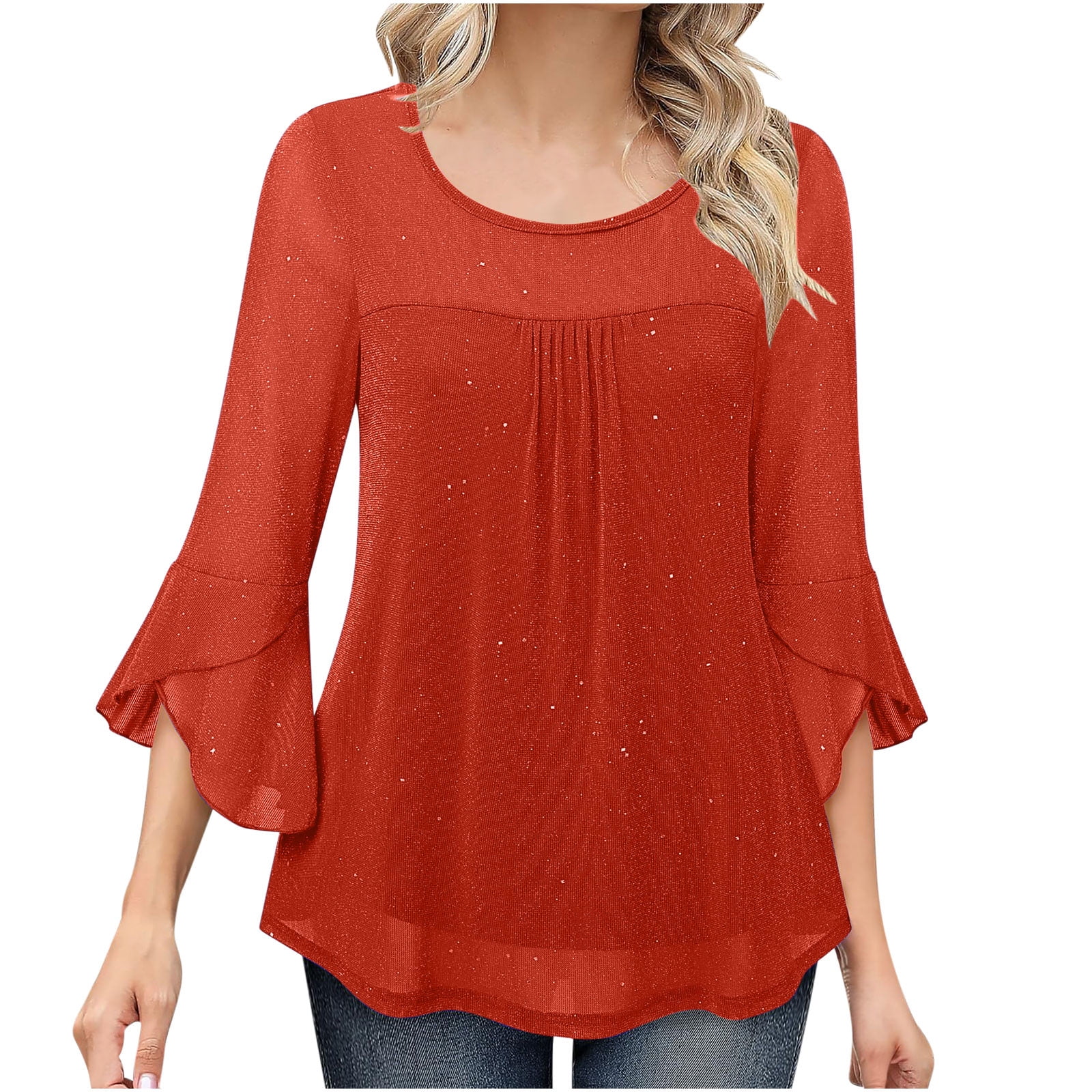 MaFYtyTPR Women's Sparkly 3/4 Sleeve Tops Solid Color Mesh Fabric Hot ...
