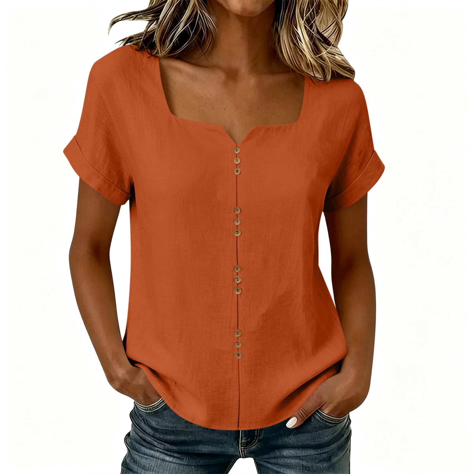 MaFYtyTPR Women's Square Neck Short Sleeve Top with Button Detail ...