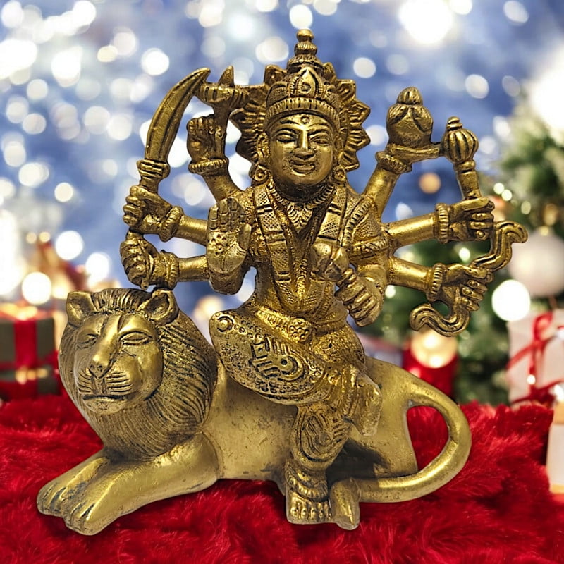 Maa Durga Ji With Lion Brass Statue Golden Hindu Nav Durge Religious ...
