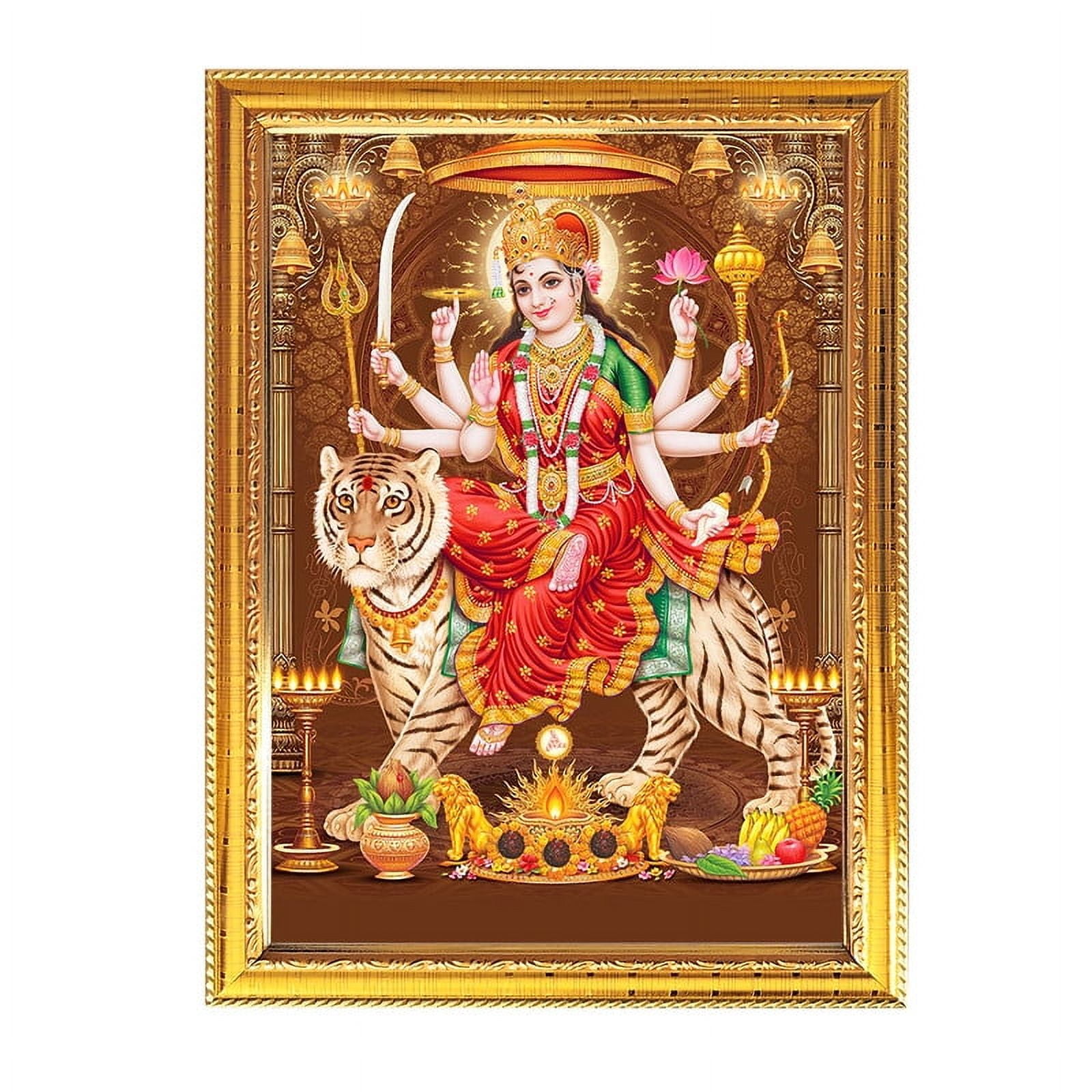 Maa Durga Sitting on Tiger Golden Photo Frame for Pooja Indian with a ...