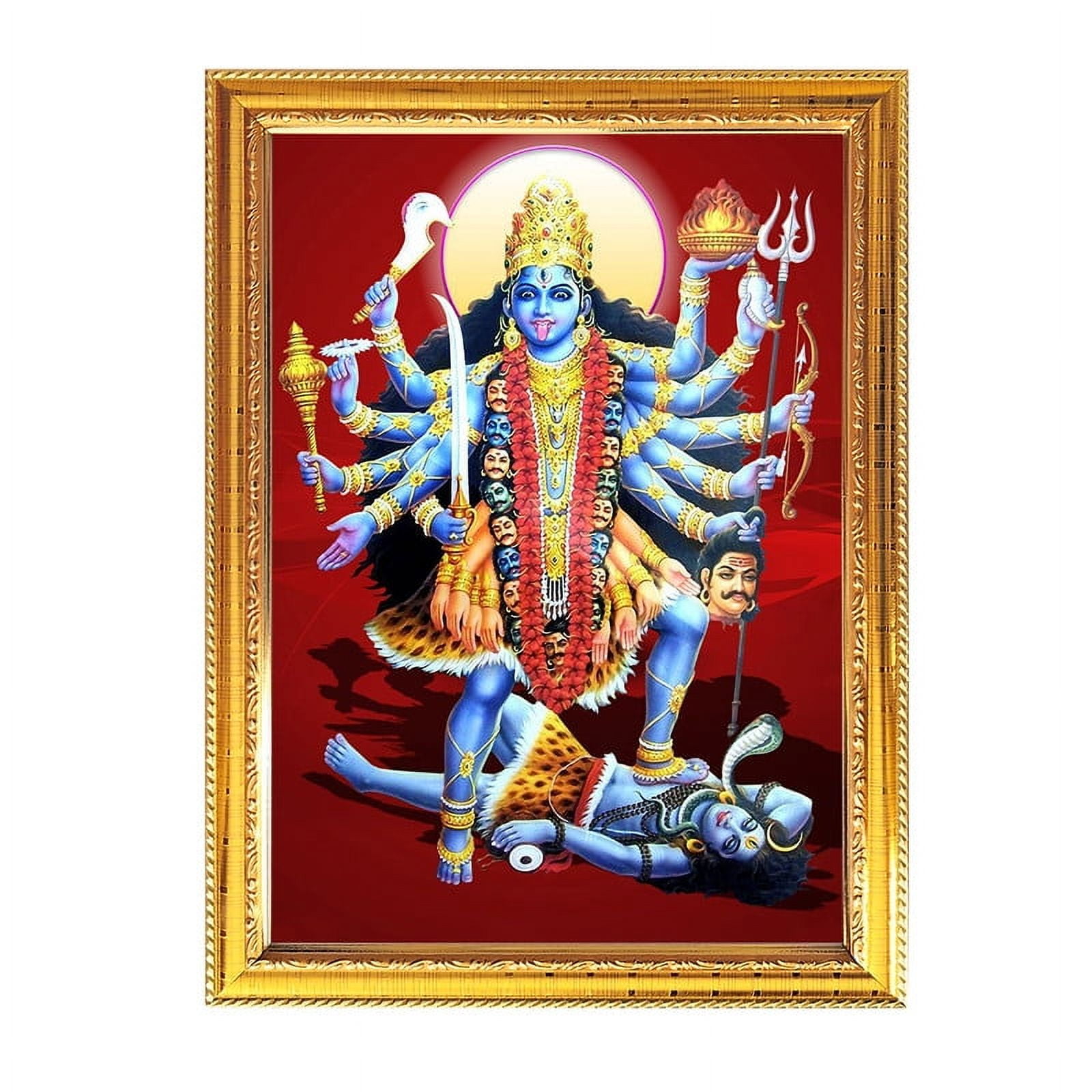 Maa MahaKali Hindu Goddess Photos With Golden Wooden Frame For Pooja ...